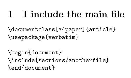 Document creation fails when \verbatiminput is used to include the main file from an inputted ...