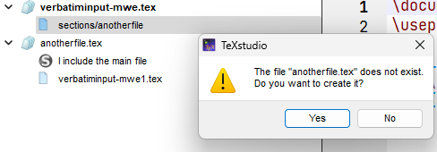 Document creation fails when \verbatiminput is used to include the main file from an inputted ...