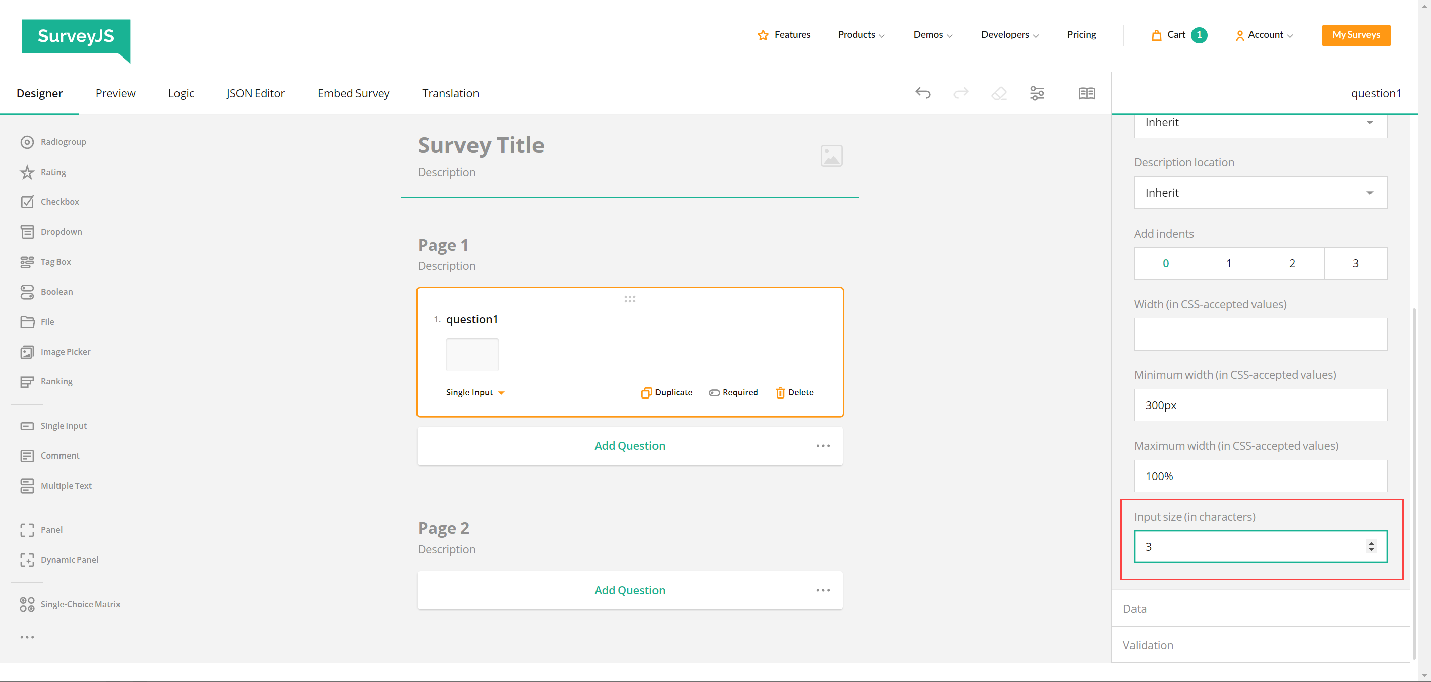 Input Field Size is not Reset to the original size · Issue #3755 · surveyjs/survey-creator · GitHub