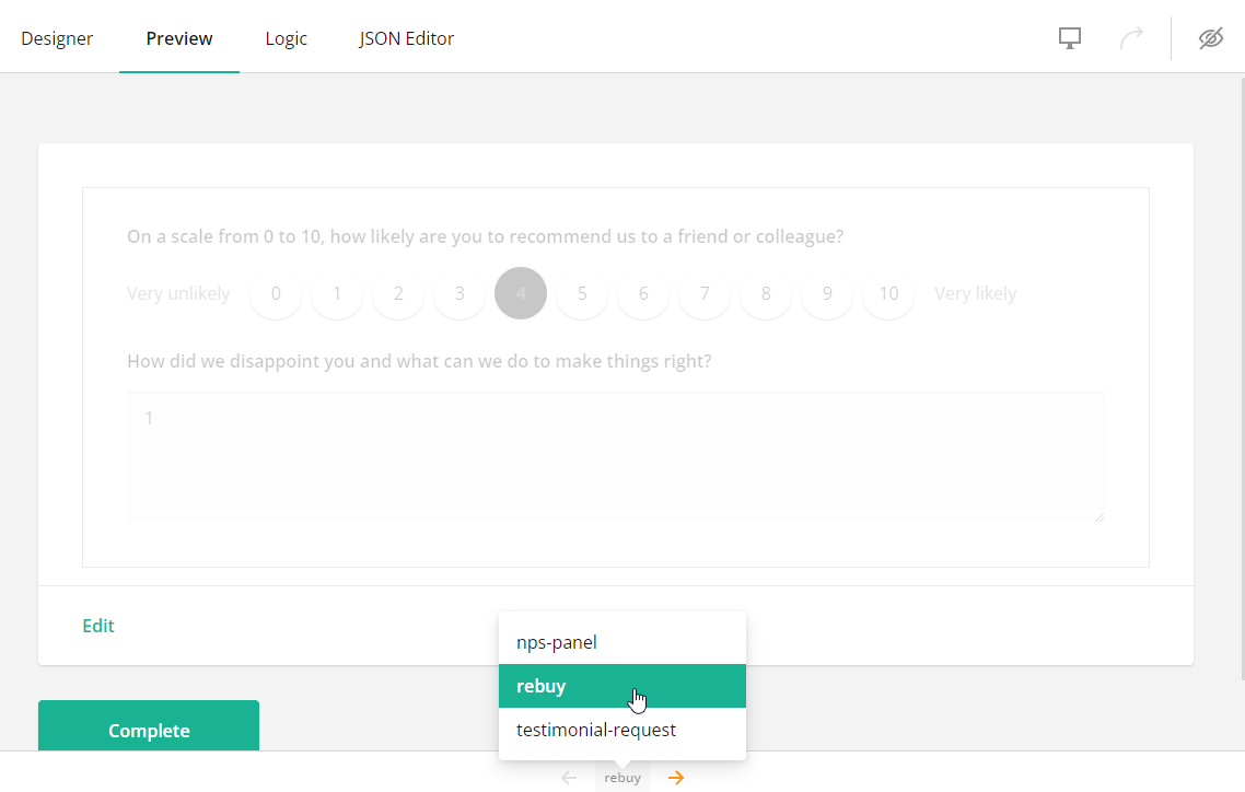 Preview Tab: When a survey preview appears, page navigation remains active but does not switch ...