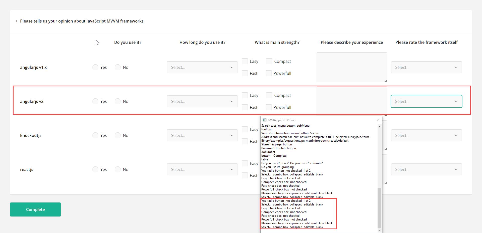 Multi-Select Matrix With Different Cell types - A screen reader doesn't Announce Column Captions ...