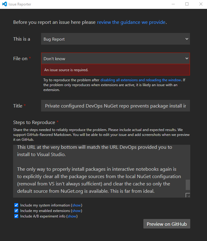Vscode Issue Reporter Shows Dont Know As An Option But Doesnt Allow Preview If Selected
