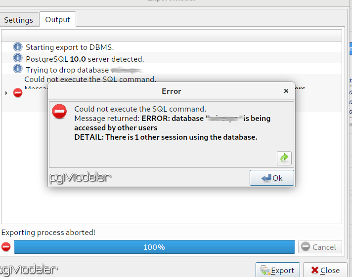 Could not execute the SQL command. `ERROR: database "xxx" is being ...