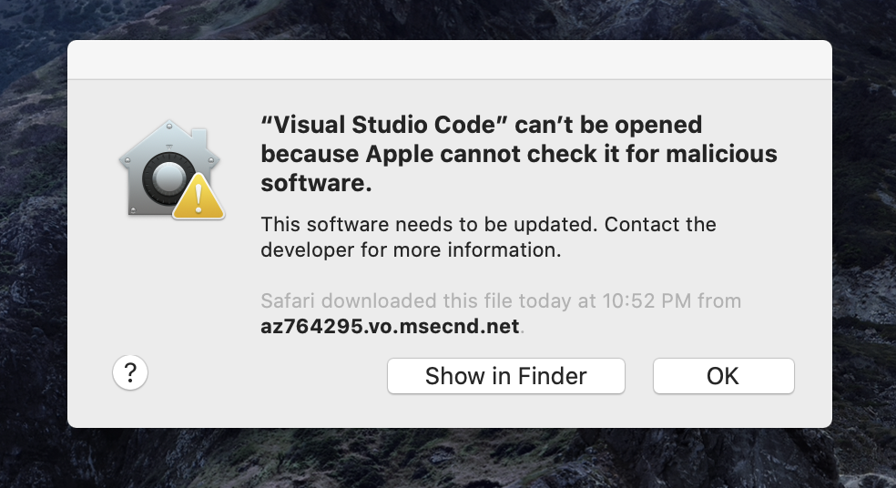 VSCode Version: 1.39 OS Version: catalina Steps to Reproduce: can not open when I updated to ...