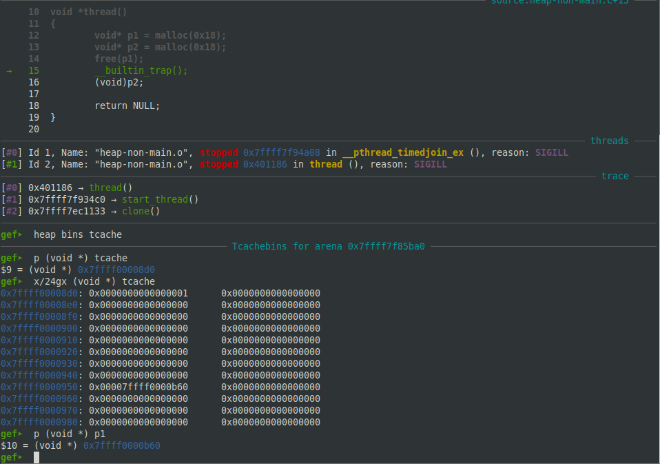 Display tcache for all threads, not just main thread · Issue #634 · hugsy/gef · GitHub