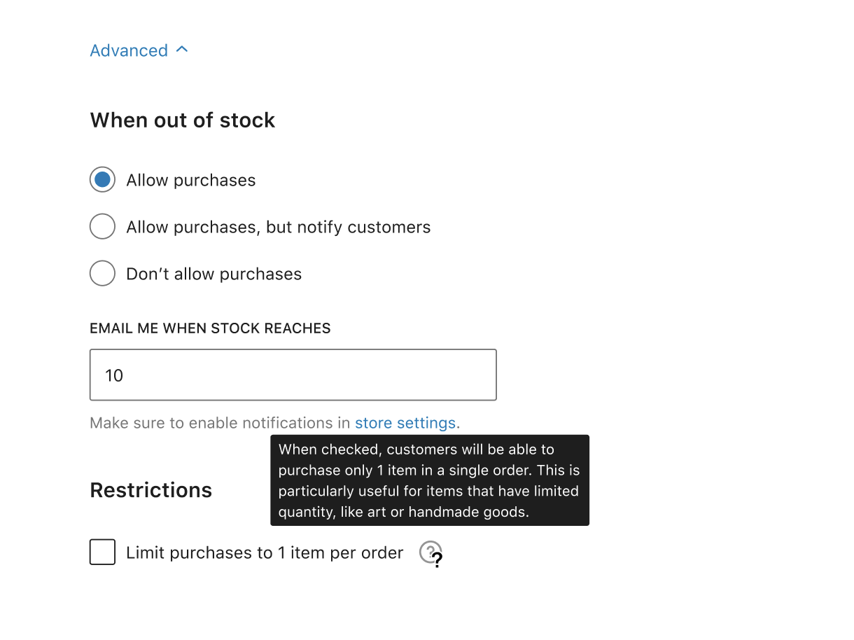 Add **Email me when stock reaches** field to advanced inventory section · Issue #37403 ...