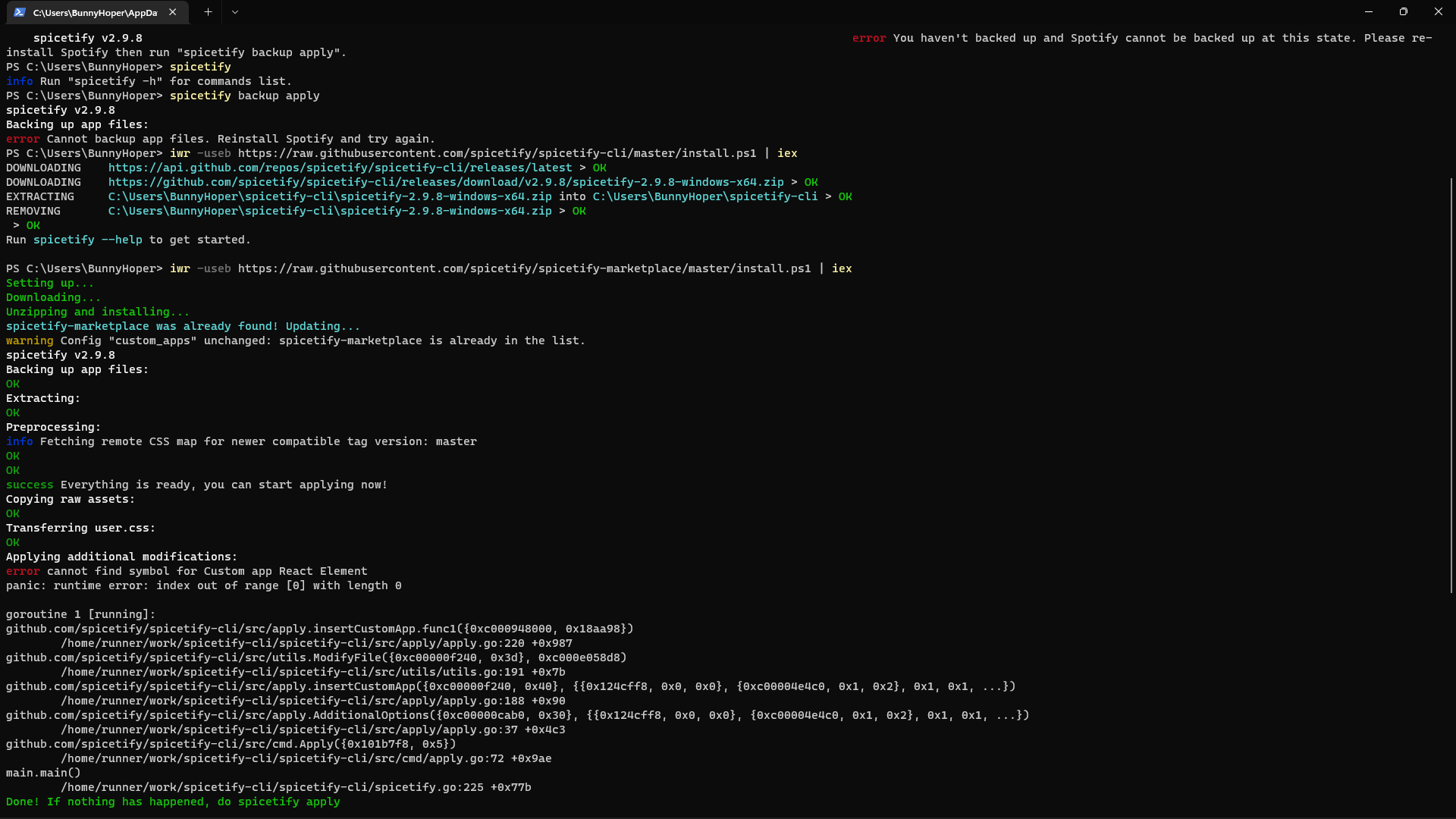 Error On Executing Spicetify Apply · Issue 1672 · Spicetifycli · Github 