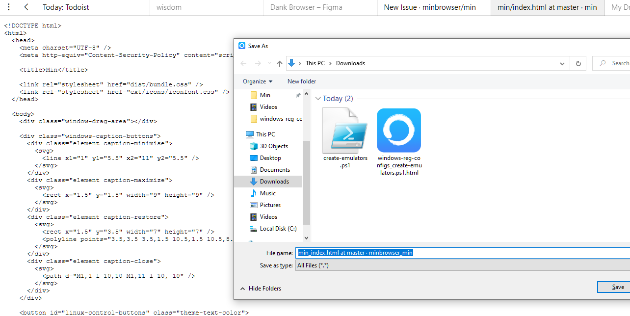 ctrl + s on github raw files doesnot work correctly · Issue #1717 · minbrowser/min · GitHub