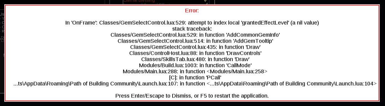 Error: attempt to index 'grantedEffectLevel' (a nil value) when mousing over Exceptional gem ...