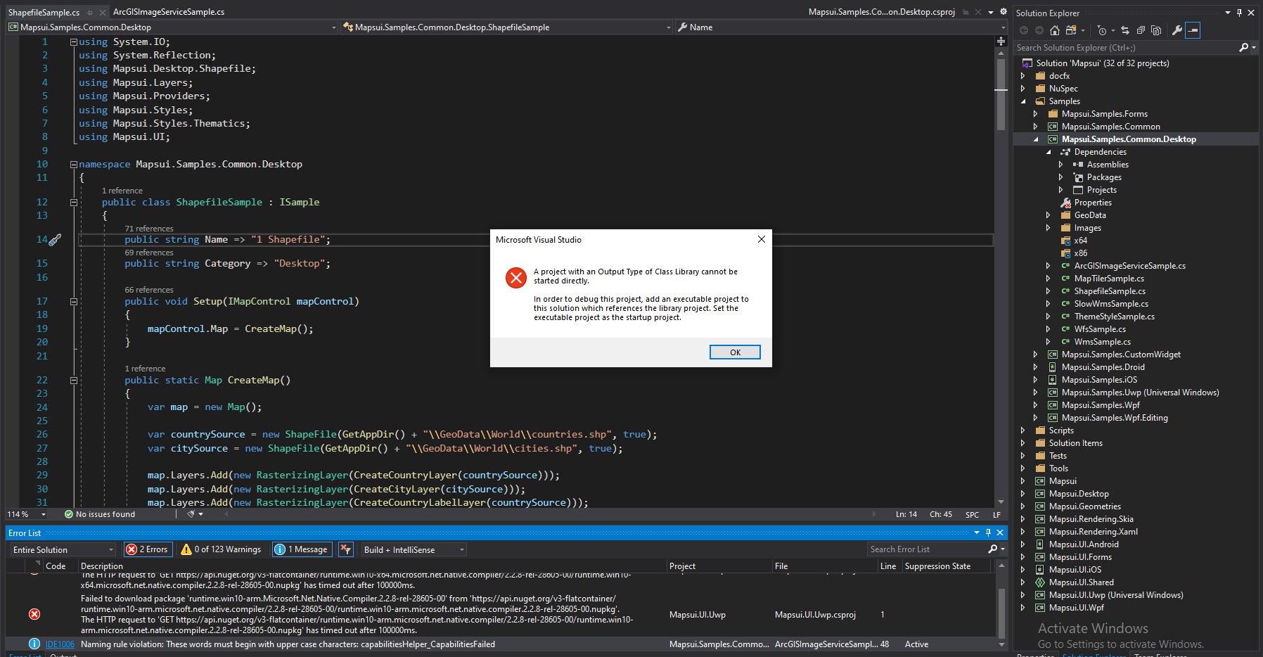 a project with an output type of class library cannot be started ...