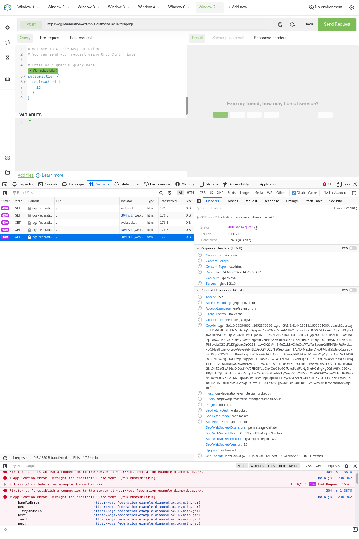Application error: Uncaught (in promise): CloseEvent: {"isTrusted":true} when starting graphql ...