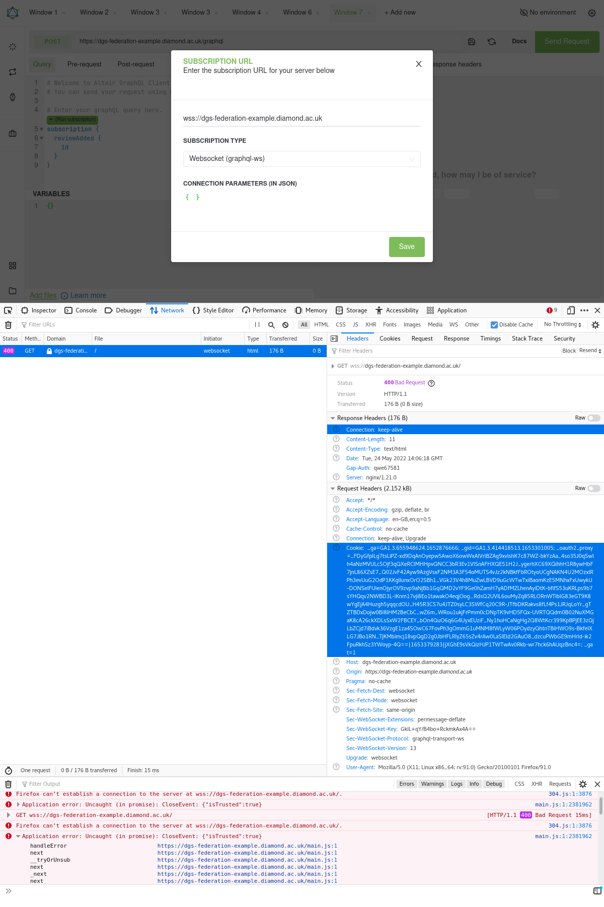 Application error: Uncaught (in promise): CloseEvent: {"isTrusted":true} when starting graphql ...