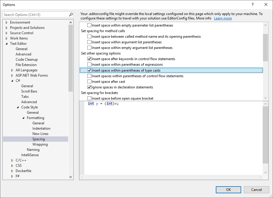 Tools -> Options -> Text Editor -> C# -> Code Style -> Formatting Doesn't Always Show Examples ...