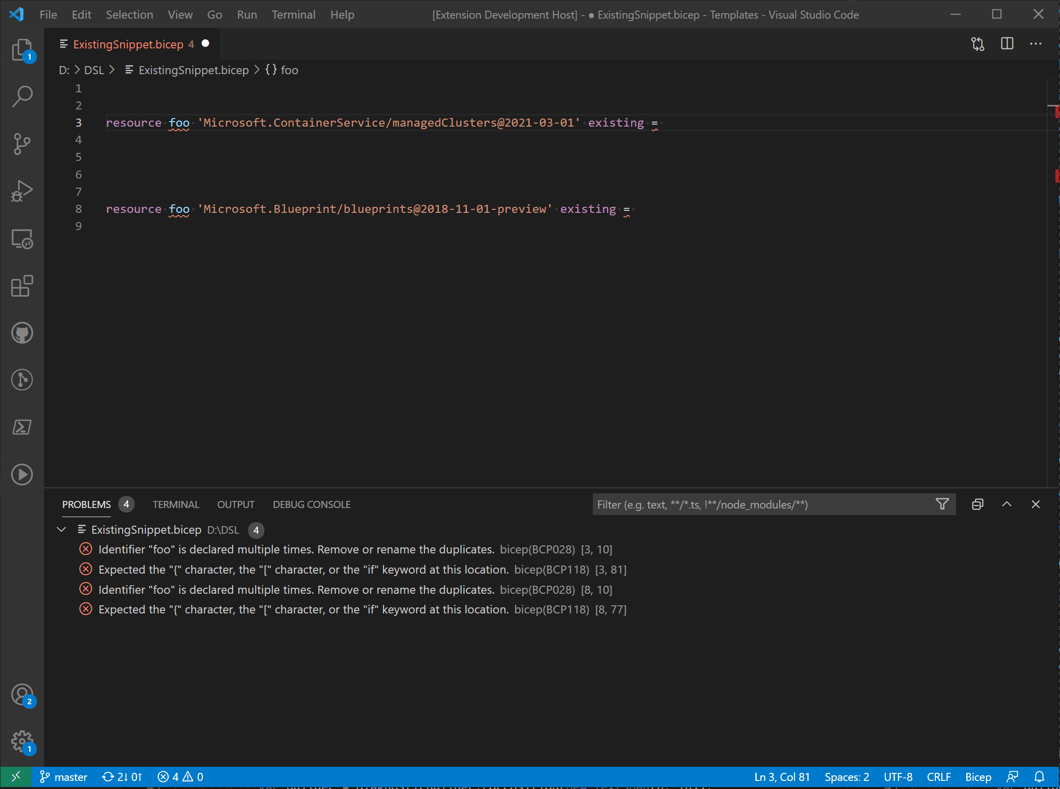 We're showing the wrong snippets for `existing` resources. · Issue #2555 · Azure/bicep · GitHub