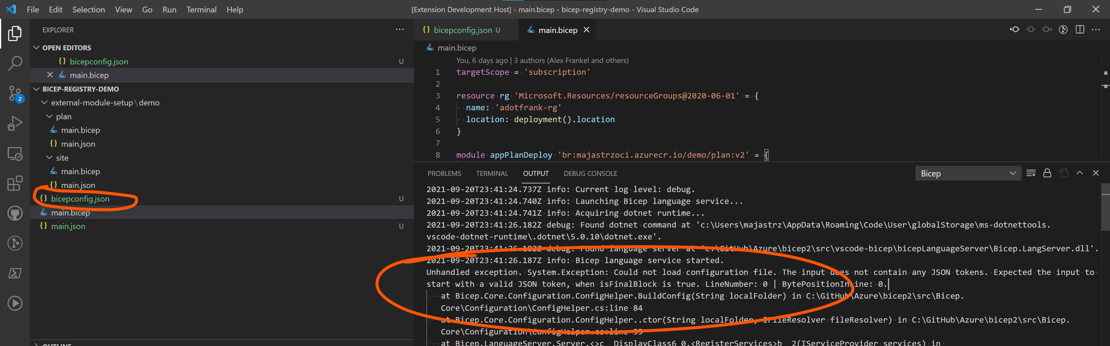 Language server fails to start if bicepconfig.json is malformed · Issue #4520 · Azure/bicep · GitHub