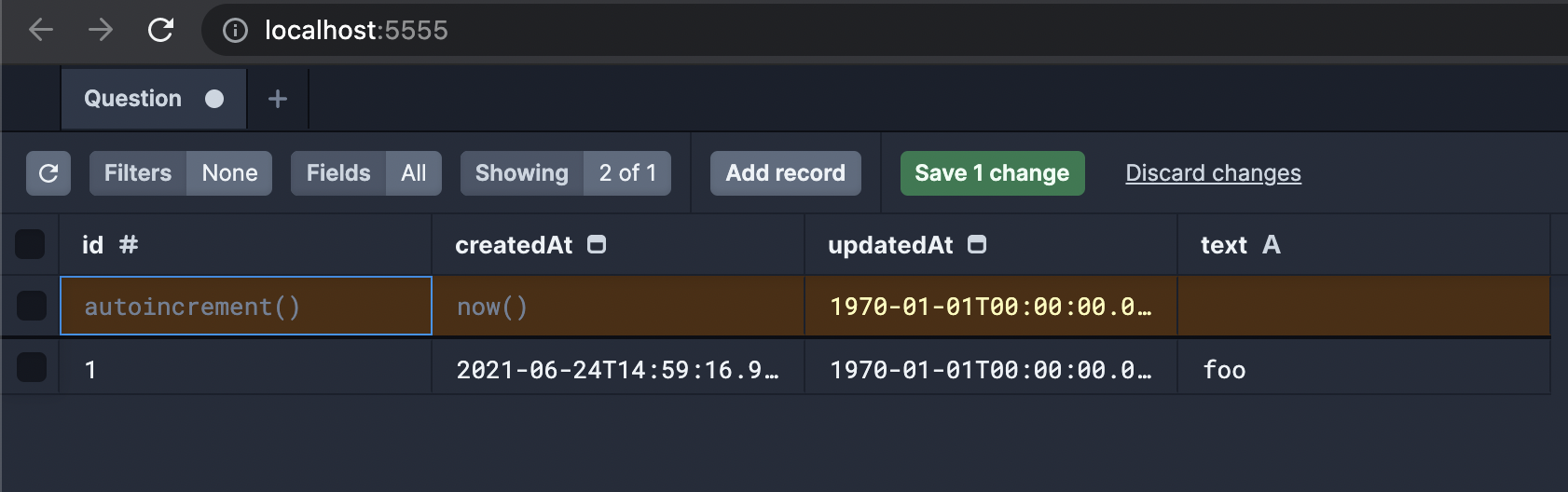 `generate all question text:string` creates forms/resolvers with `name ...