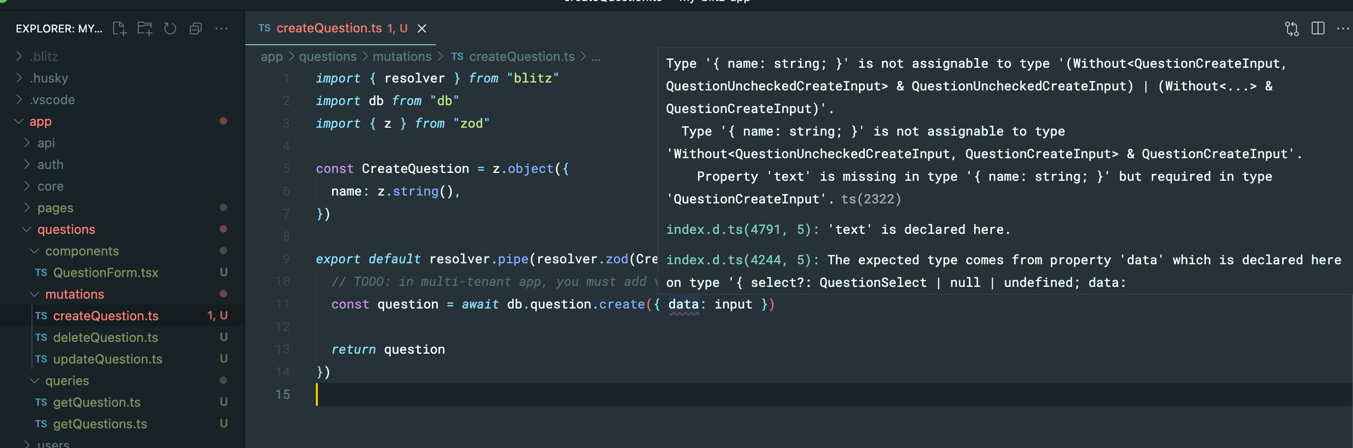 `generate all question text:string` creates forms/resolvers with `name ...