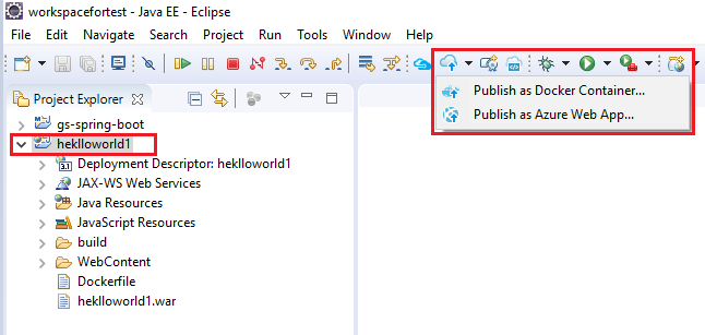 'Publish' toolbar dropdown does not contain 'Docker run' and 'Publish to Web App on Linux ...