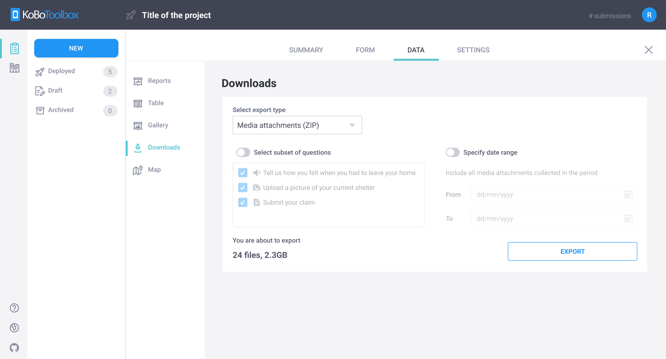 Generate ZIP file of submission attachments · Issue #2522 · kobotoolbox/kpi · GitHub