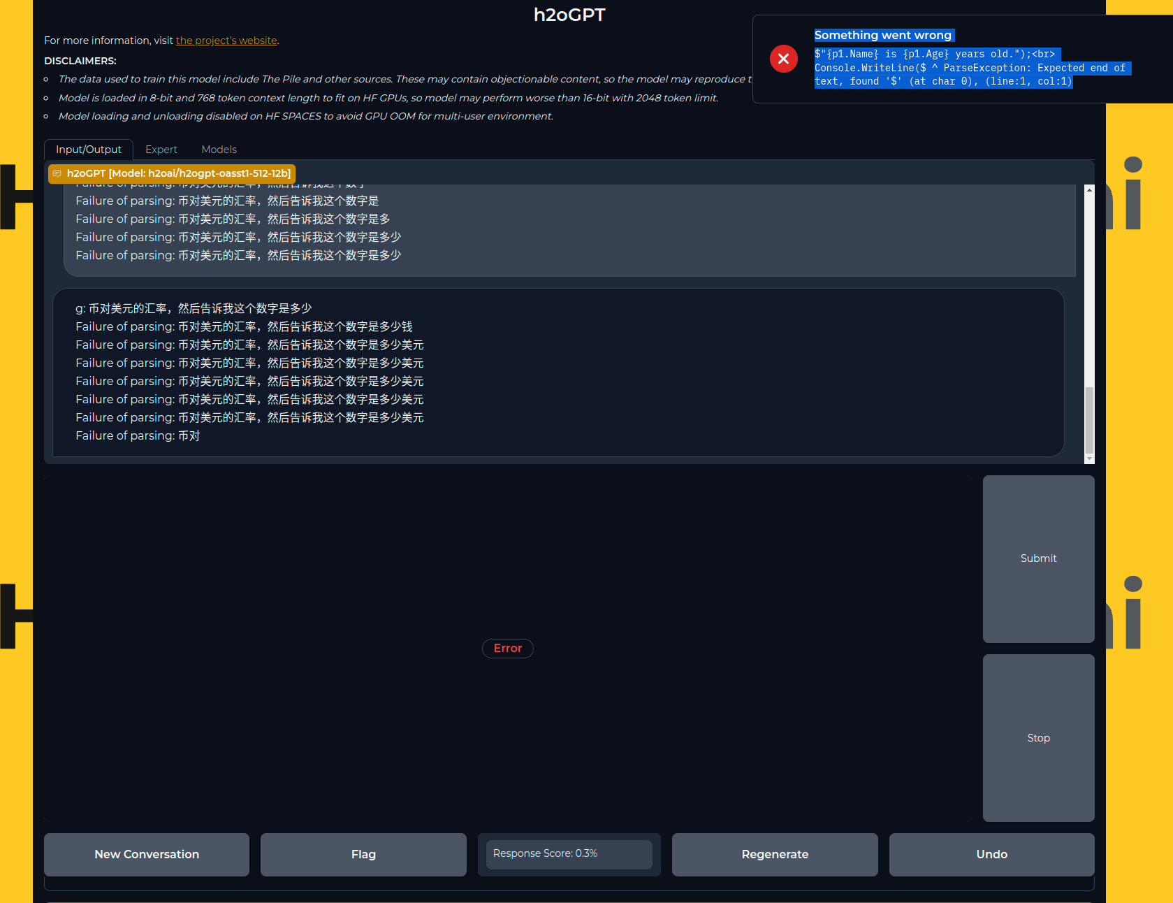 Something went wrong $"{p1.Name} is {p1.Age} years old."); Console.WriteLine($ ^ ParseException ...