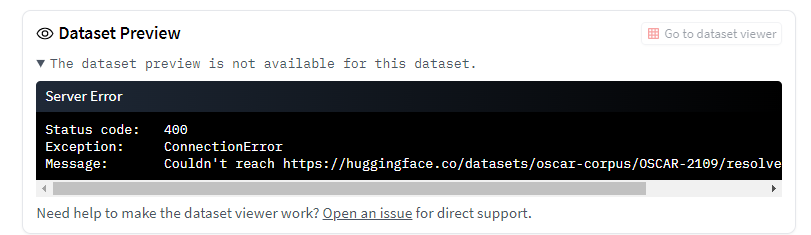 ConnectionError: Couldn't reach https://huggingface.co/datasets/oscar-corpus/OSCAR-2109/resolve ...