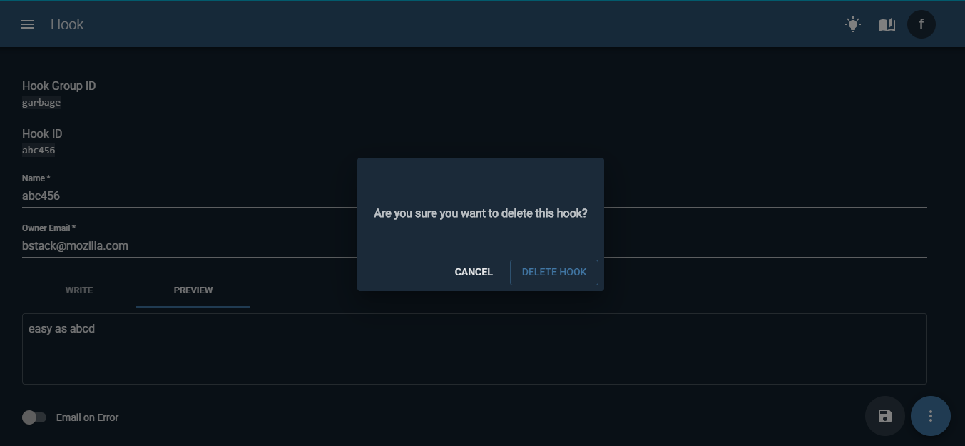 [UI] Confirmation dialog when deleting a hook · Issue #957 · taskcluster/taskcluster · GitHub