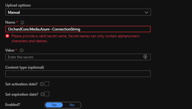 Unable To Store Orchardcore Media Azure Connection Strings In Azure Keyvault · Issue 6359