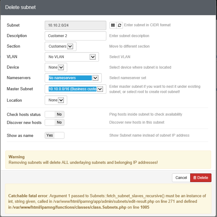 Bug Unable To Delete Subnet · Issue 1189 · Phpipamphpipam · Github