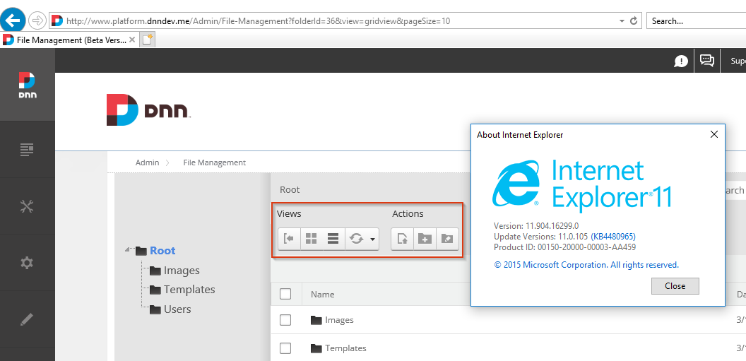 DNN Platform RC2 > Persona Bar > Manage > Site Assets > Icons not displayed on page load in IE11 ...
