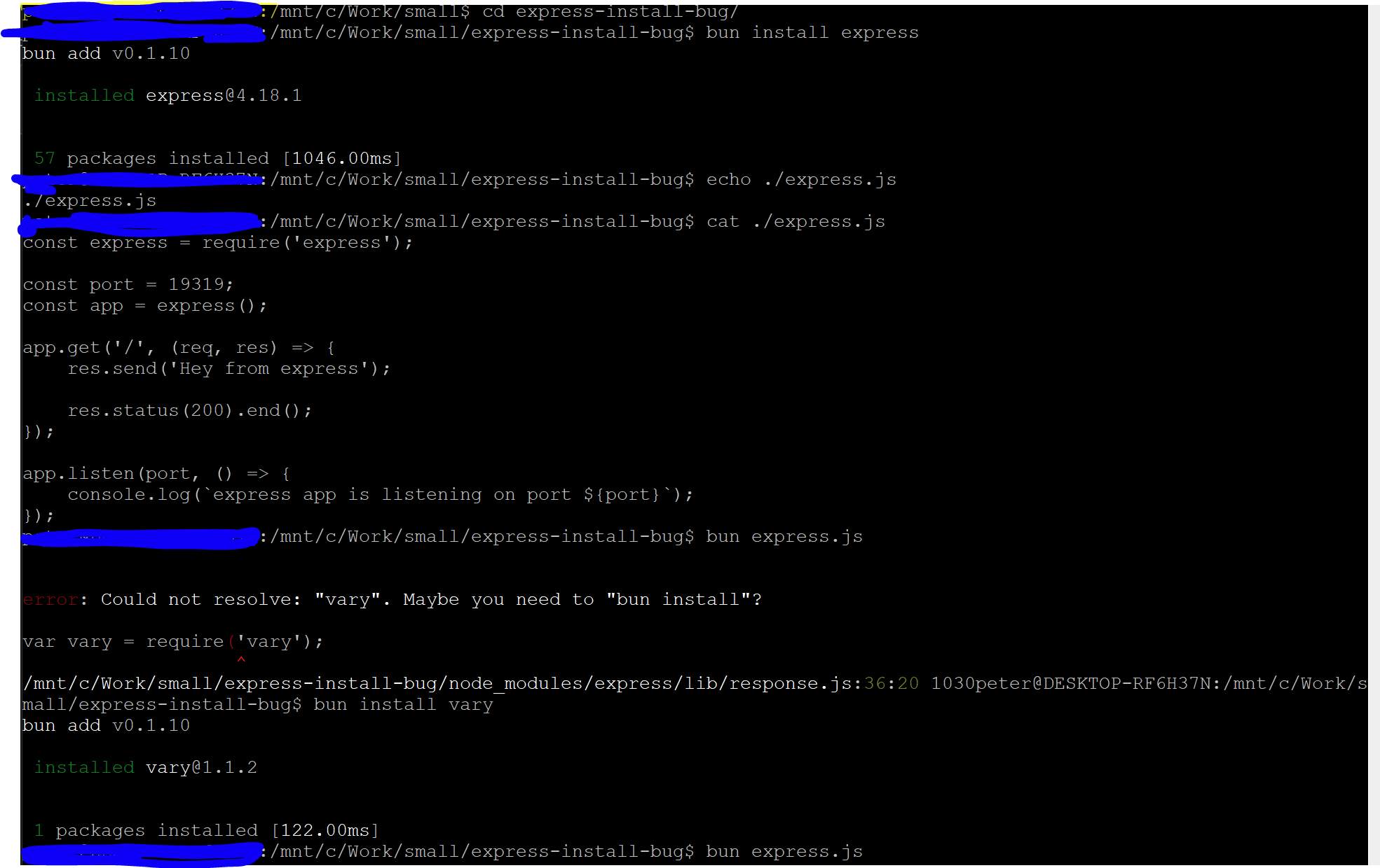 Bun 0 1 10 Incorrectly Installs Express In Ubuntu Wsl · Issue 1178
