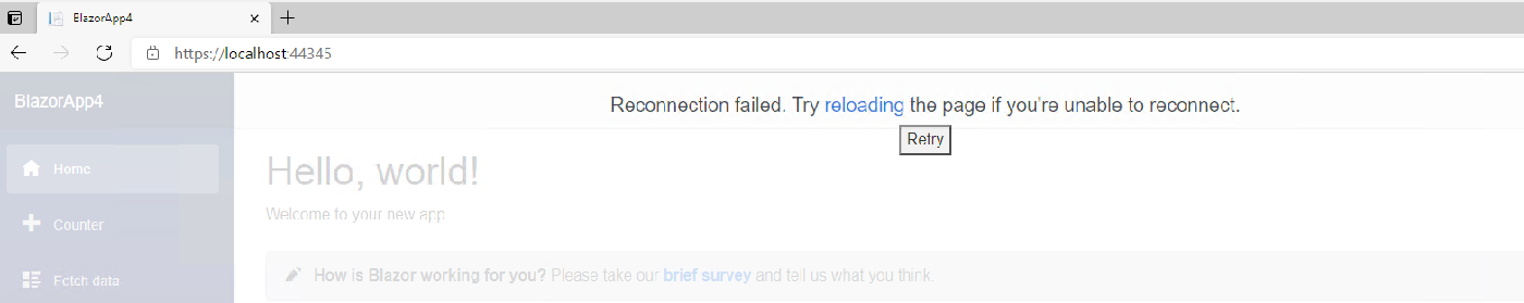 There is no `Retry` button in the page after reconnection to the server for blazor server ...