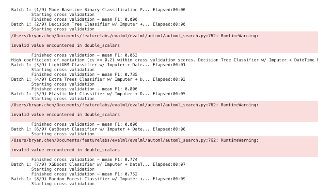 F1 objective causes a Runtime warning in AutoMLSearch · Issue #1964 · alteryx/evalml · GitHub