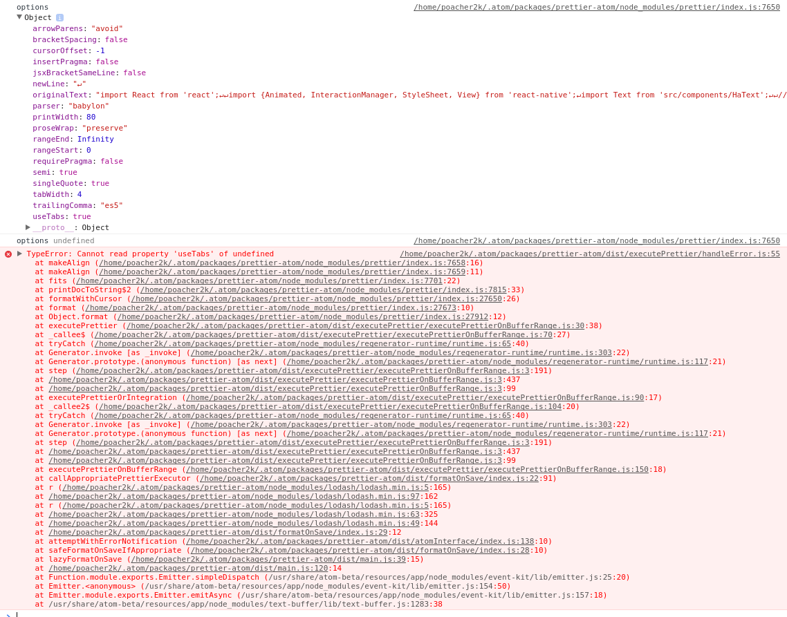 0.43.0: Error when saving if "useTabs" is enabled · Issue #316 · prettier/prettier-atom · GitHub