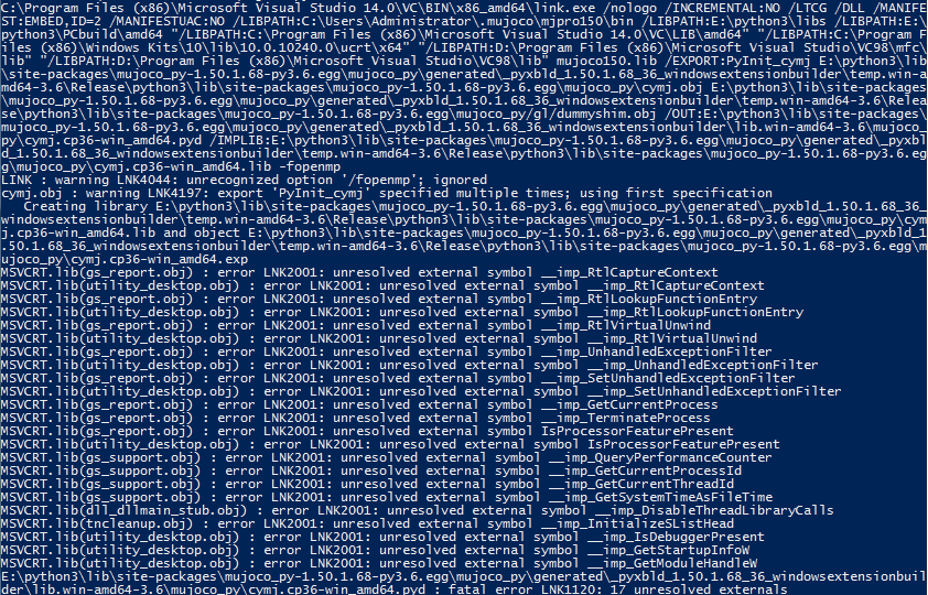 Fatal error LNK1120 in first import · Issue #546 · openai/mujoco-py · GitHub