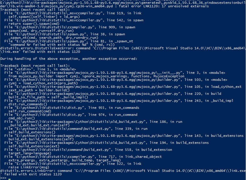 Fatal error LNK1120 in first import · Issue #546 · openai/mujoco-py ...