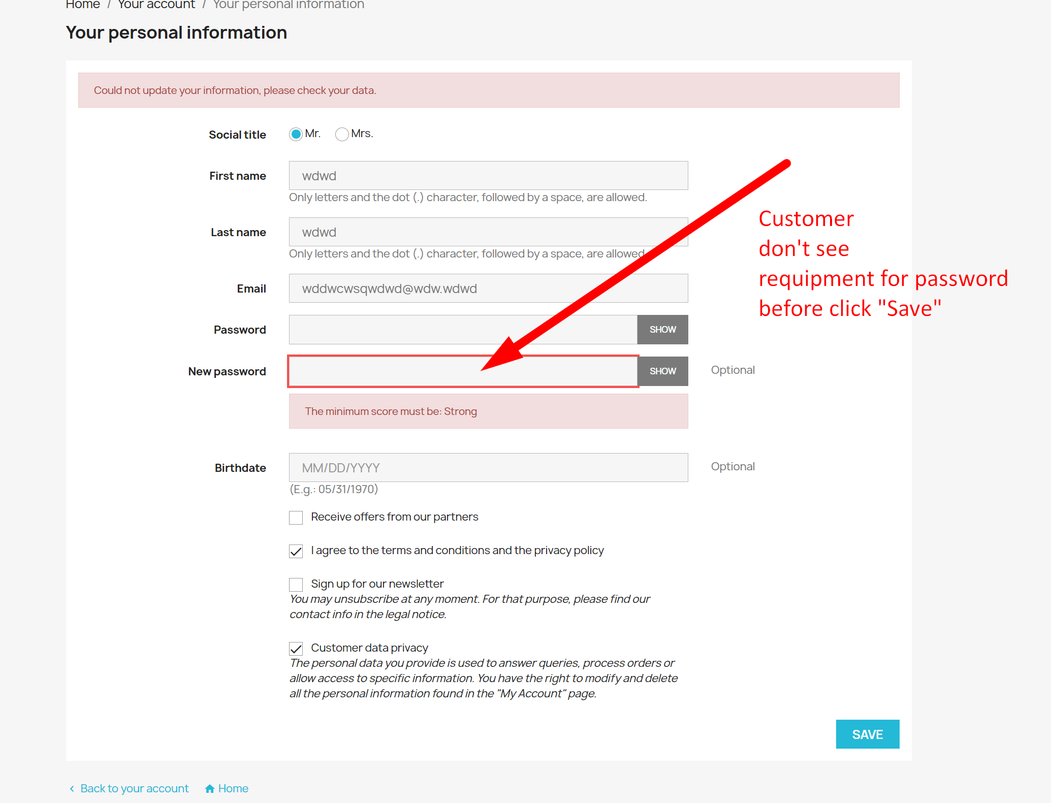 New password policy on customer acccount page "Your personal information, The PrestaShop 8 ...