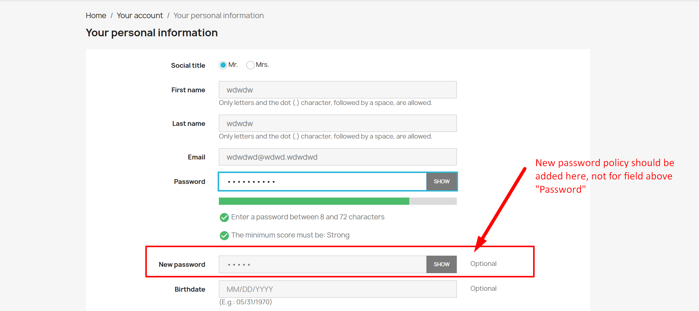 New password policy on customer acccount page "Your personal information, The PrestaShop 8 ...