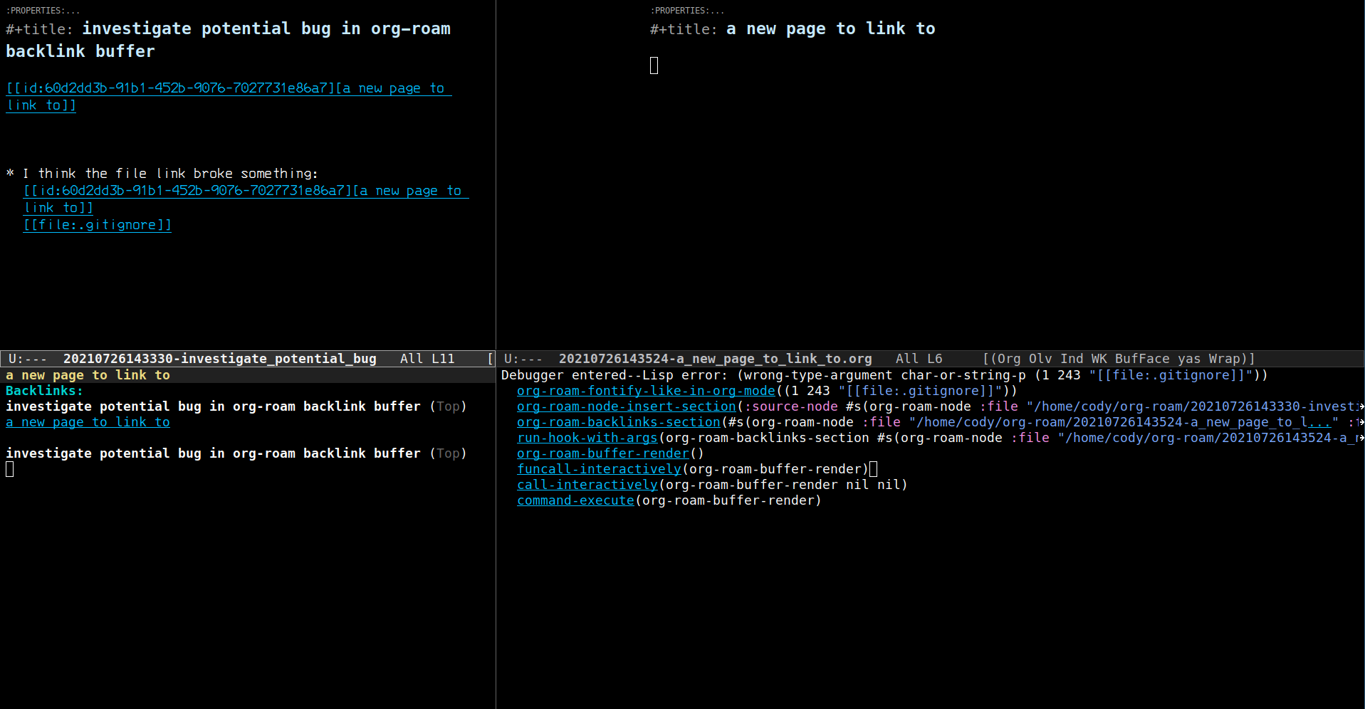 Plain Emacs Links Cause Error When Fontifying In Backlink Buffer In V2