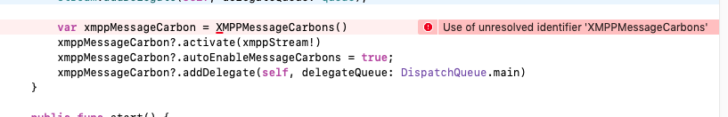 Getting Use of Unresolved identifier 'XMPPMessageCarbons' · Issue #1139 · robbiehanson ...