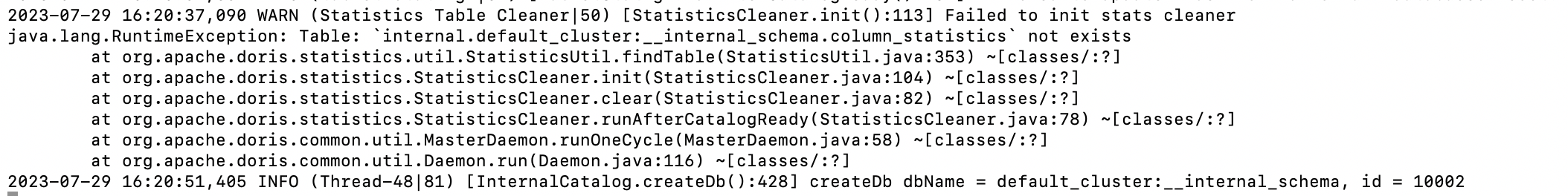 [Bug] Failed to init stats cleaner java.lang.RuntimeException: DB: default_cluster:__internal ...