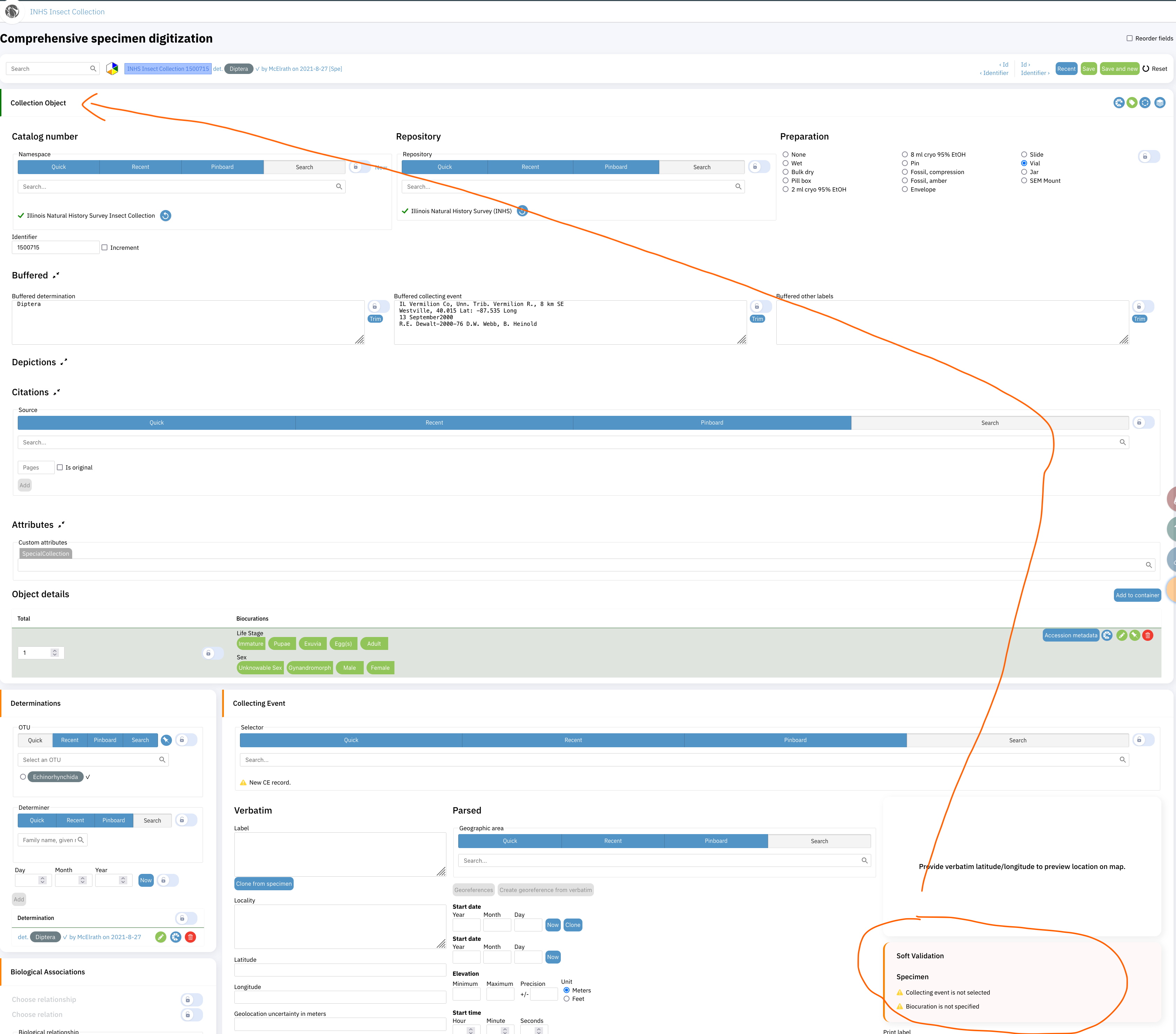 Task - Comprehensive digitization - Soft validation needs to nest in Collection Object section ...