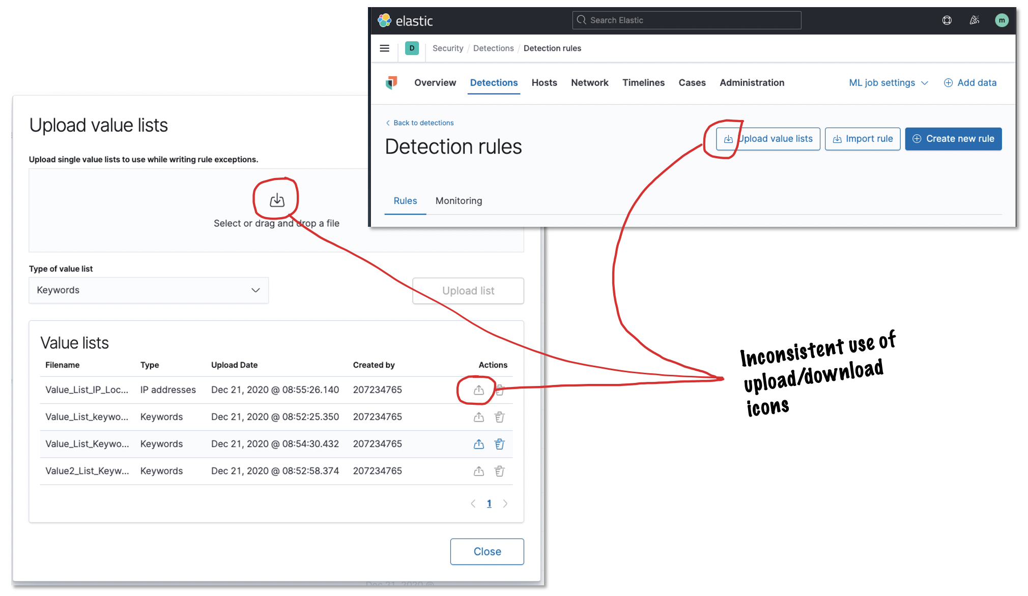 [Security Solution] Fix inconsistent terminology/iconography relating to uploading/importing ...