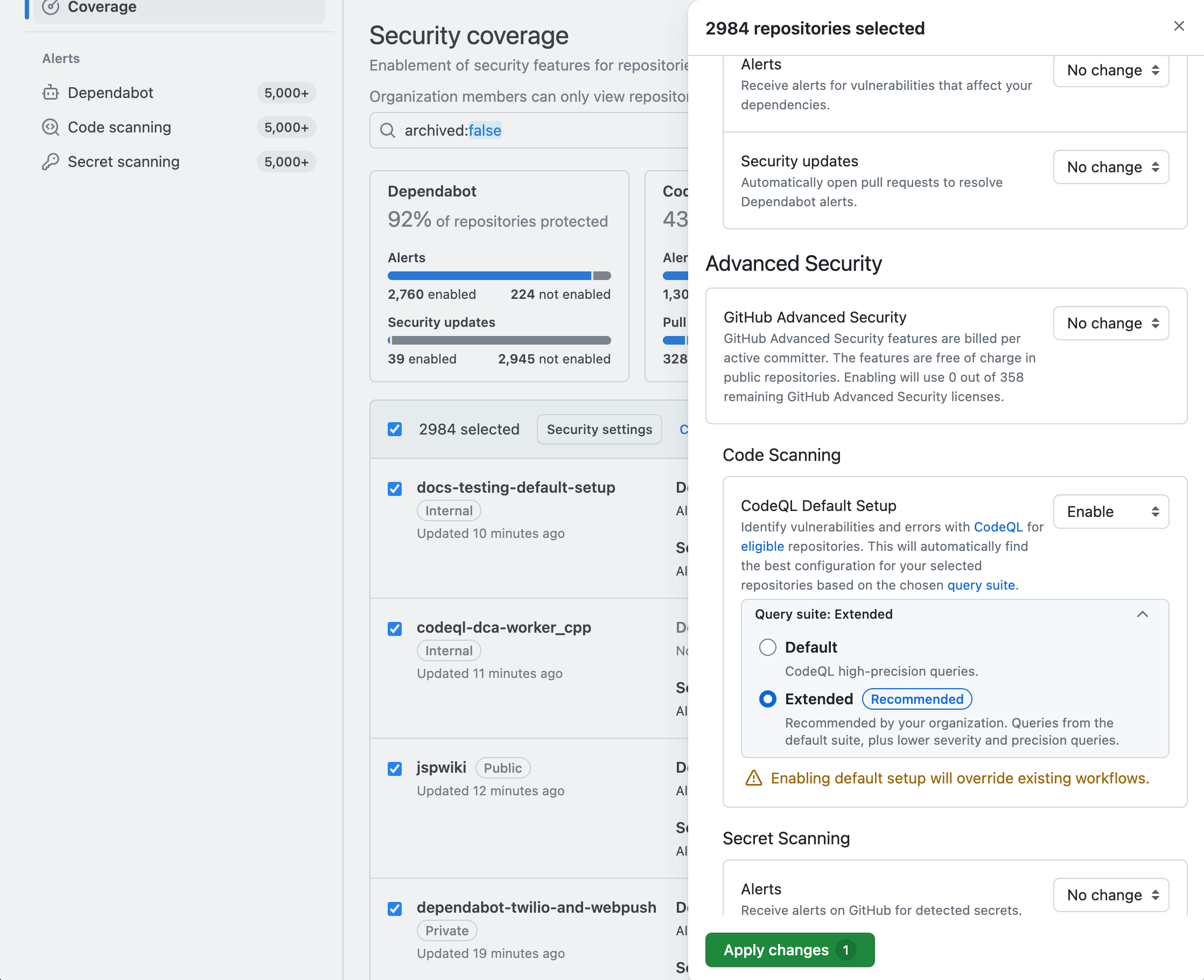 Select a query suite when enabling code scanning with default setup at the organization level ...