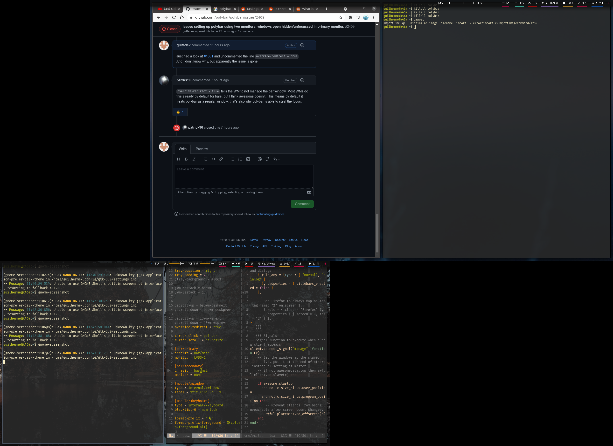 Issues setting up polybar using two monitors: windows open hidden/unfocussed in primary monitor ...
