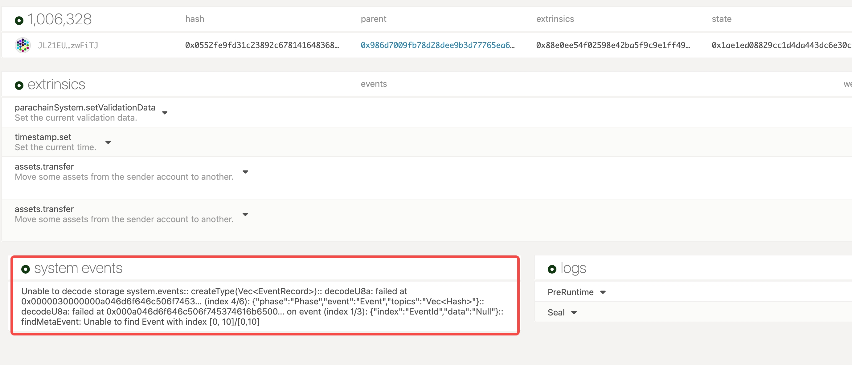 Statemine block 1,006,328 events can not be decoded · Issue #5301 · polkadot-js/api · GitHub