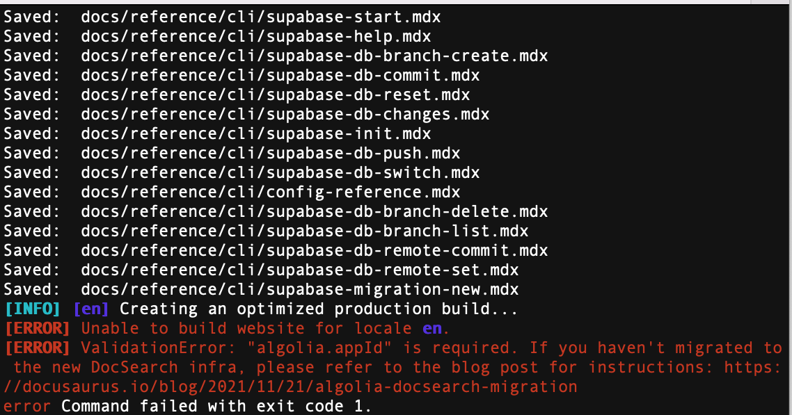Docs Server Build Error - algolia.appId is required · Issue #5762 · supabase/supabase · GitHub