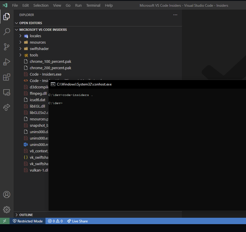 "code-insiders ." interpreted the folder as VsCode installation Folder (same for relative path ...