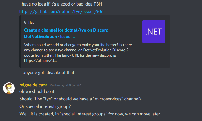 Create a channel for dotnet/tye on Discord DotNetEvolution · Issue #661 · dotnet/tye · GitHub