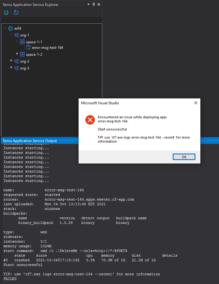 Improve error message when CfCli returns StdOut containing duplicated "Instances starting ...