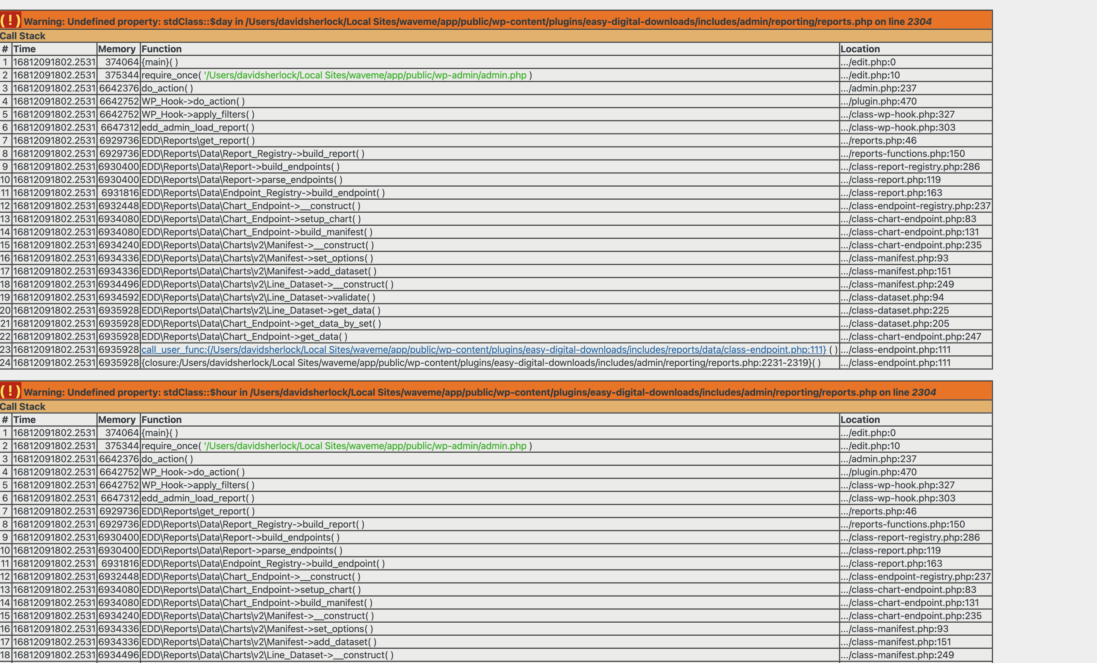 3.0 - ( ! ) Warning: Undefined property: stdClass::$day in edd/app/public/wp-content/plugins ...